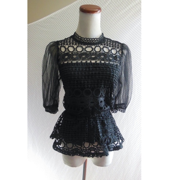 Iris Basic | Tops | New Iris Black Crochet Lace Mock Neck Puff Sleeve Peplum Witchy Goth Vamp ...